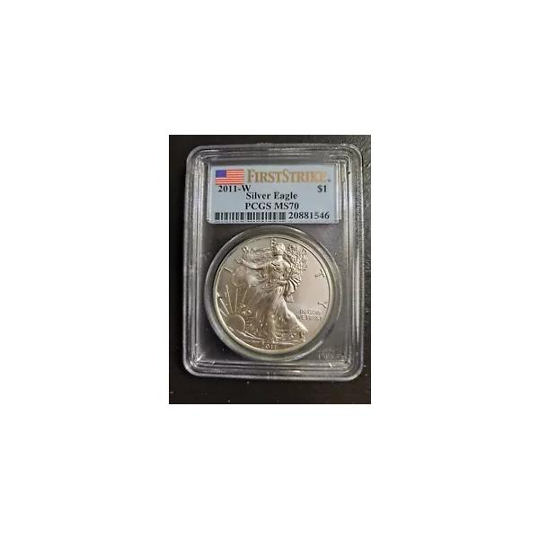 2011-W 光沢のあるアメリカンシルバー イーグル PCGS MS70 ファースト ストライク ブルー ラベル