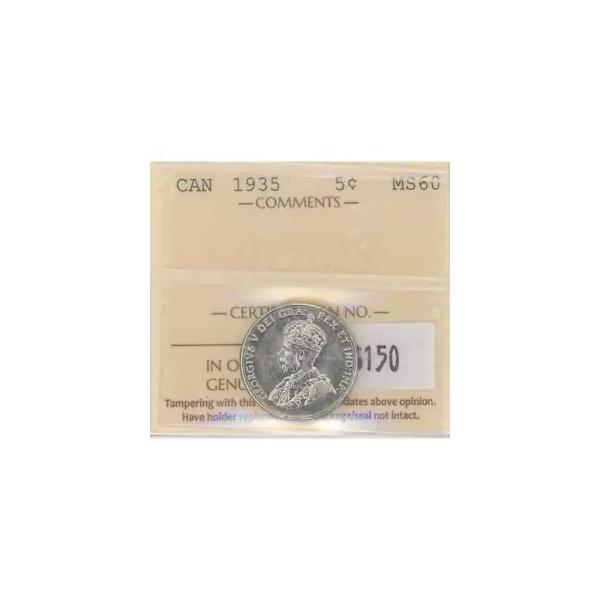 カナダ 1935 5 セント ニッケル コイン - ICCS MS-60