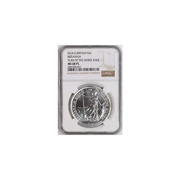 2014 NGC イギリス 1 オンス シルバー ブリタニア コイン イヤー オブ ザ ホース エッジ MS68 PL