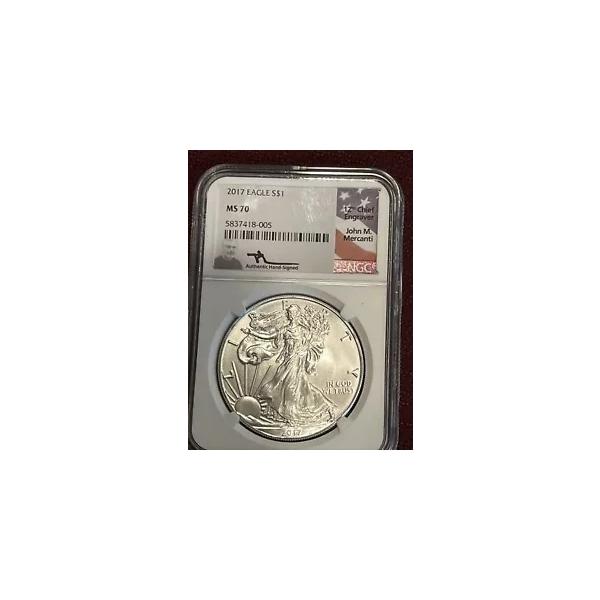 2017 アメリカン シルバー イーグル NGC MS70 ジョン メルカンティ サイン入りコイン 完璧です !!!!!