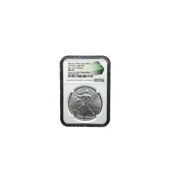 2019(W) ストラック アット ウェスト ポイント シルバー イーグル NGC MS70 FDOI 米国造幣局 密封ボックス ラベル