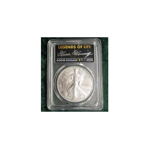 2021 PCGS MS 70 タイプ 2 シルバー イーグル ドル、グース ゴセージのサイン入りラベル