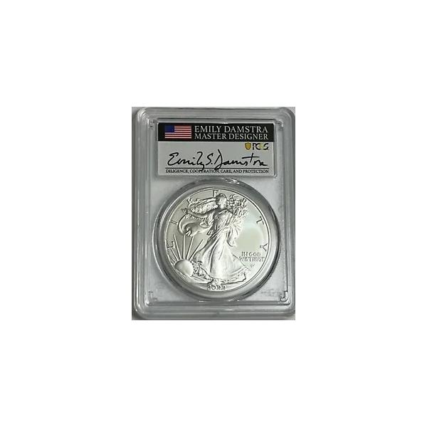 2022 $1 シルバー イーグル PCGS MS70 デザイナー シリーズ エミリー ダムストラ サイン入りフラッグ ラベル
