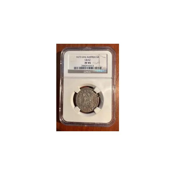 オーストリア グラーツ レオポルド 1 世 1673-IAN 6 クロイツァー シルバー コイン、NGC 認定 XF45