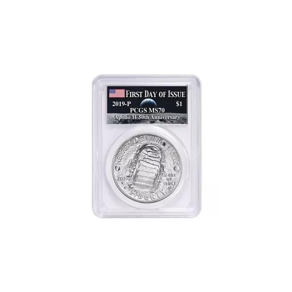 2019-P UNC $1 アポロ 11 号 50 番アン シルバー ドル PCGS MS70 FDOI アポロ ラベル