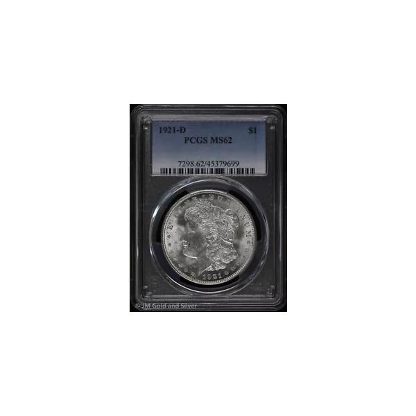 1921-D $1 モルガン シルバー ダラー PCGS MS 62 |未流通の UNC