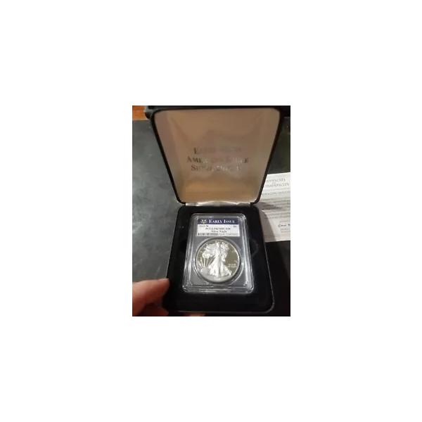 2019 W プルーフ シルバー イーグル PCGS PR70 DCAM 初期発行ラベル、ボックスと COA 付き