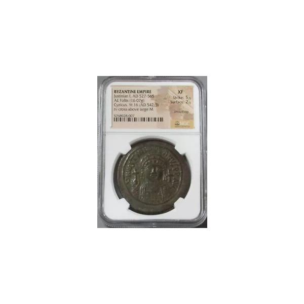 AD 527-565 ビザンチン帝国 AE FOLLIS JUSTINIAN CYZICUS コイン NGC 非常に上質