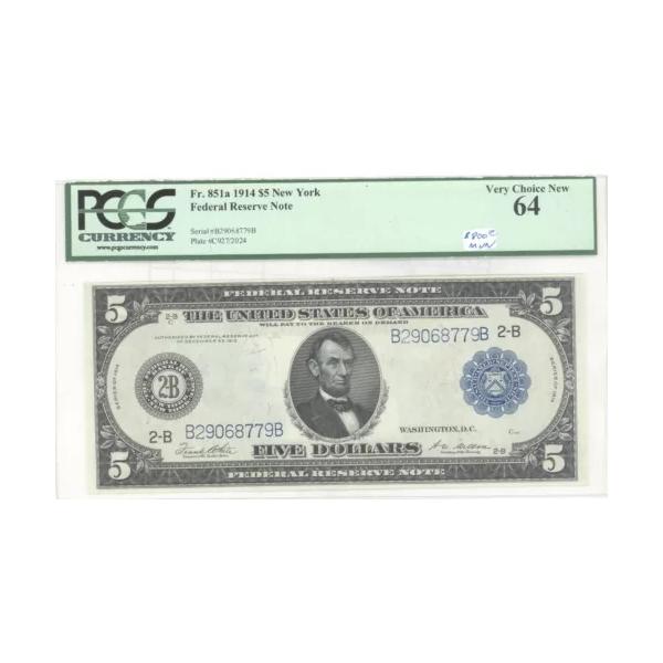 1914 年 $5 連邦準備紙幣 PCGS MS 64 FR 851A