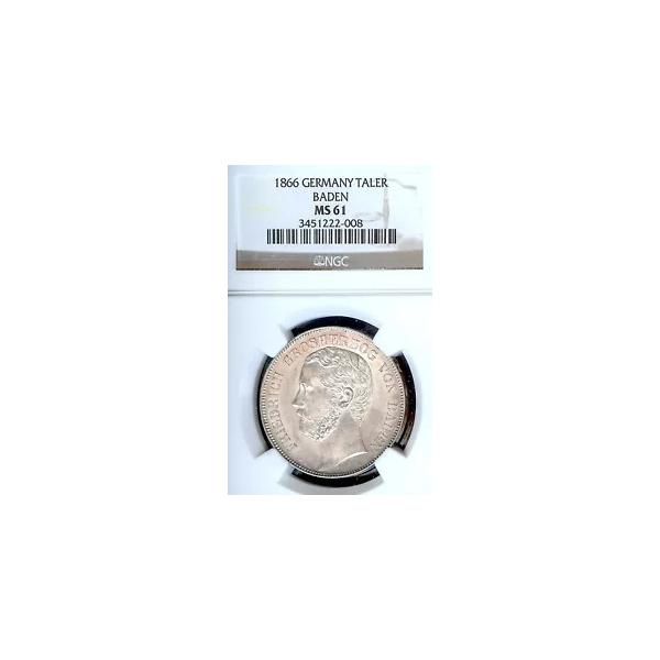 ドイツ バーデン デュラッハ 1866 ターラー コイン Thaler NGC MS 61 VZ/F.STG UNC RARE