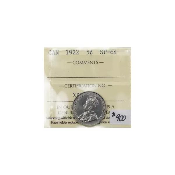カナダ 1922 5 セント ニッケル コイン - ICCS 標本 SP-64