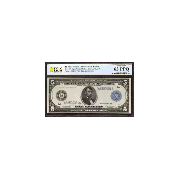 1914年 $5 連邦準備銀行紙幣 FR.847A ボストン A-A ブロック PCGS CU 63 PPQ (991A)