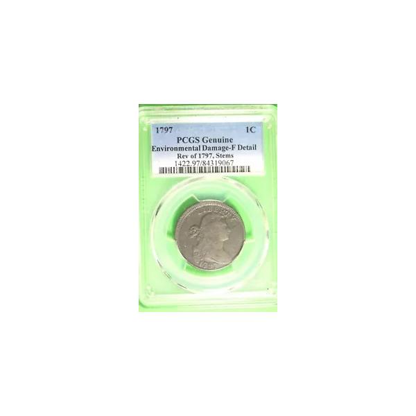 1797 - PCGS GENUINE ENVIR.ドレープ バスト ラージ セント、1797 年改訂、ステム!! #B35635
