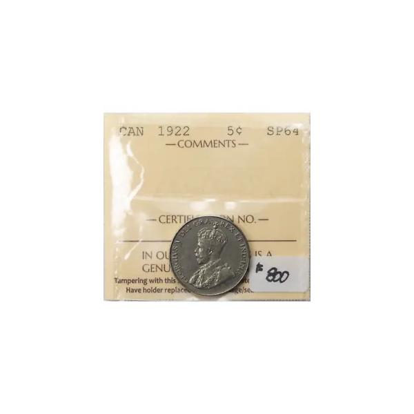 カナダ 1922 5 セント ニッケル コイン - ICCS 標本 SP-64