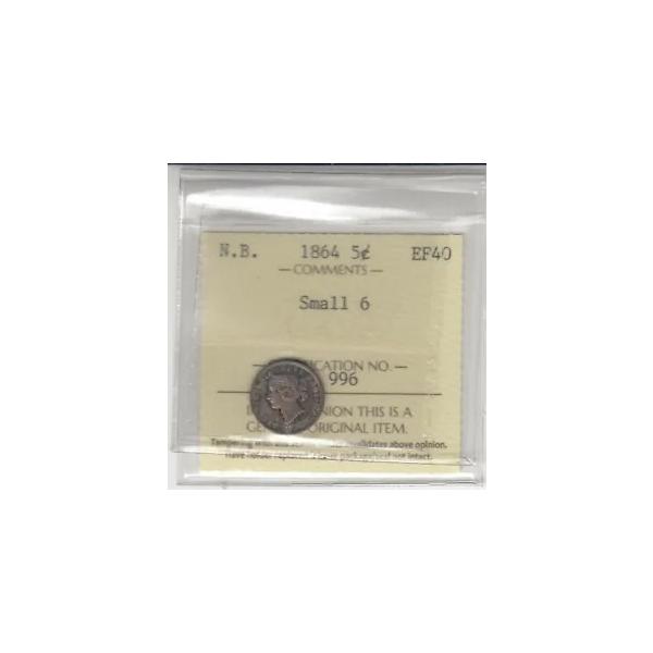 1864 ニュー ブランズウィック 5 セント銀貨 - スモール 6 - ICCS グレード EF-40
