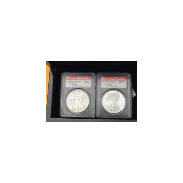 2012-S シルバー イーグル 2 コイン セット PCGS PR70/Rev PR70 FS ジョン メルカンティ 箱+CoA付き