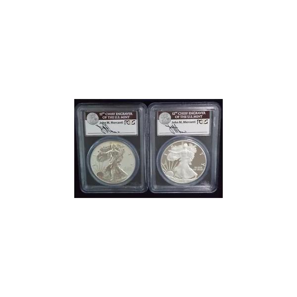 2012-S シルバー イーグル 2 コイン セット PCGS PR70/Rev PR70 FS ジョン メルカンティ 箱+CoA付き
