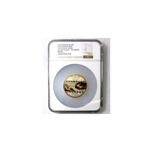 2008 クック諸島 $20-CREATION OF ADAM/MASTERPIECES OF ART、NGC MS69 銀貨