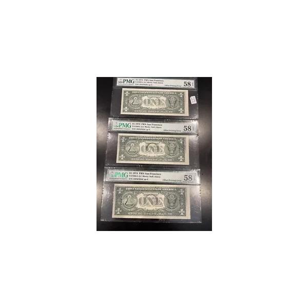 3x エラー PMG 58 EPQ FRN $1 連続シリアルノート 1974