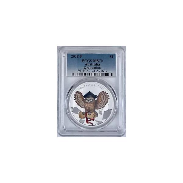 2018-P オーストラリア $1 カラー化卒業銀貨 PCGS MS 70 9999 フクロウコイン