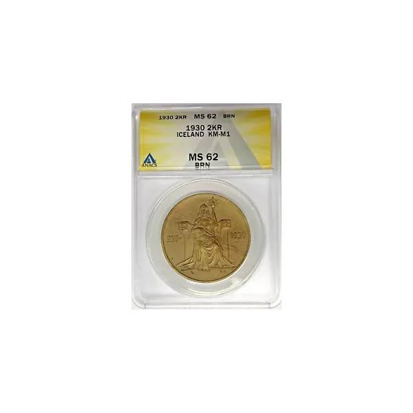 1930 アイスランド 2 クローヌール コイン ANACS MS 62 BN W4