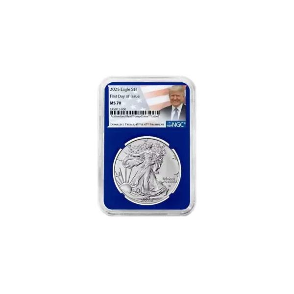 プレセール - 2025 $1 アメリカン シルバー イーグル NGC MS70 FDI トランプ ラベル ブルー コア