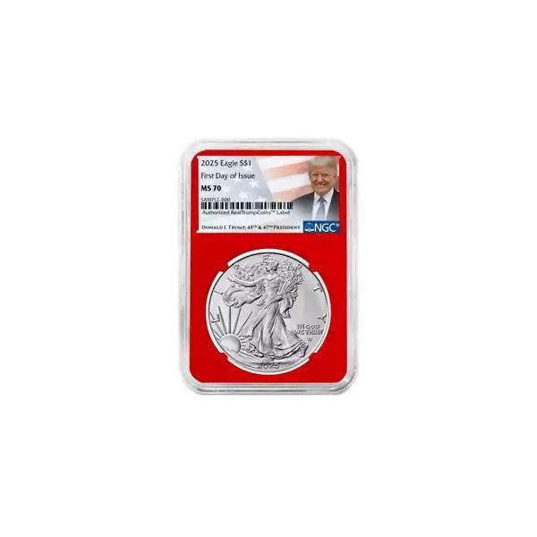 プレセール - 2025 $1 アメリカン シルバー イーグル NGC MS70 FDI トランプ ラベル レッド コア