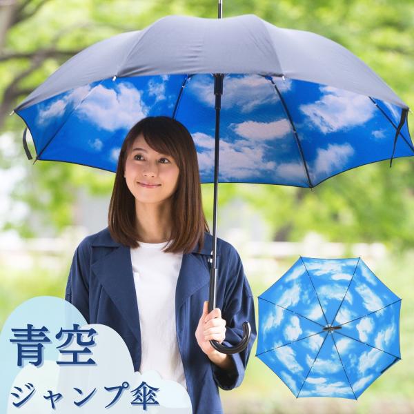 ジャンプ傘 青空 60cm傘の中はいつも青空。雨でも気分は晴れやかになりそうな雨傘。■サイズ親骨：60cm×8本骨全長：約88cm開傘時直径：約103cm重さ：約530g■タイプ：雨傘・長傘・ジャンプ傘■生地カラー：表 ブラック無地・裏 青...