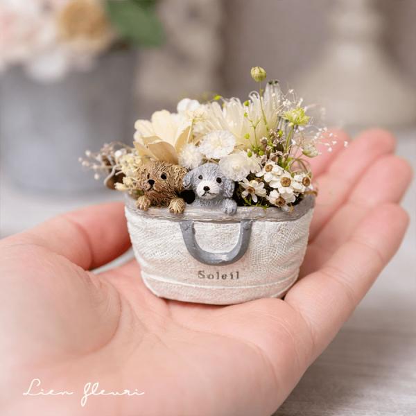animal flowers手のひらサイズの、ほっと和む小さなお花の世界。トイプードルの陶器バスケットに、ドライフラワーとプリザーブドフラワーをやさしくアレンジしました。ナチュラルな色合いの花々と、ちょこんと顔をのぞかせる可愛らしいプードル...