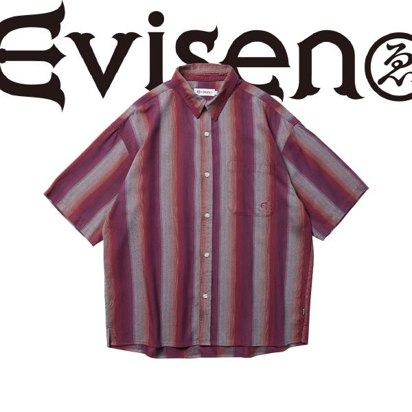 Evisen Skateboards シャツ エビセン スケートボード William Shirt Red-Staff's Comment-グラデーションのようなストライプ柄がハイセンスな印象の半袖ボタンアップシャツ。ロゴ入りのマーブルボタ...