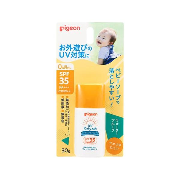 商品名 ピジョン UVベビーミルク ウォータープルーフ SPF35 30g 内容量 30g 成分 シクロペンタシロキサン、水、酸化亜鉛、酸化チタン、コハク酸ジエチルへキシル、BG、ジメチコン、ジフェニルシロキシフェニルトリメチコン、グリセリ...