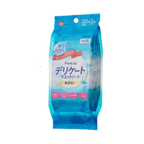 商品名 レック Femia フェムウェット デリケートウェットシート 無香料 20枚入×2個パック 内容量 20枚×2個 サイズ 約200×150mm 成分 水・ヒアルロン酸Na、BG、カプリン酸グリセリル、PEG-4、フェノキシエタノール...