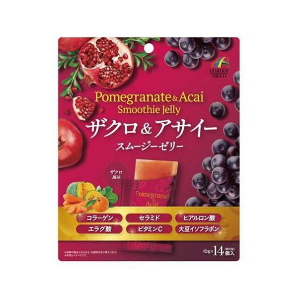 商品名 ザクロ＆アサイー スムージーゼリー 10g×14個入 内容量 10g×14個入 原材料 コラーゲンペプチド(ゼラチンを含む、ドイツ製造)、果糖ぶどう糖液糖、ザクロ濃縮果汁、寒天、こんにゃく粉、大豆胚芽抽出物(大豆イソフラボン含有)、...