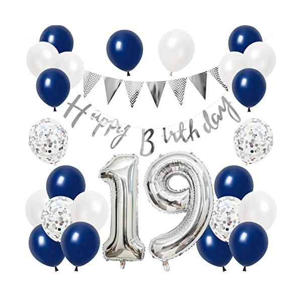 19歳/-/-・Color:19歳・〔19歳の誕生日のお祝いに〕大人のバースデー向けの飾り付け用のバルーンセットです。ビッグな数字風船がポイントで、ガーランドとゴム風船の定番組み合わせ、ブルーのカラーがシックで大人っぽくおしゃれで、飾るけで...