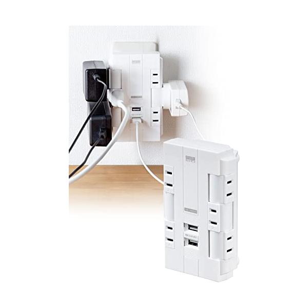 壁付けホワイト/壁付け/700-TAP046・Color:ホワイトSize:壁付け・各コンセントの差込口を90°回転することができる6個口の コンセントタップ です。差込口が90°回転するのでACアダプタも最大4個接続可能です。(AC差込口...