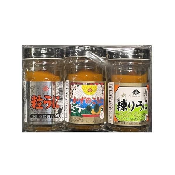 -/45グラム (x 3)/-・パッケージ個数:3・?内容量：粒うに 35g：練りうに 35g：うにあえもの.35g・?保存方法：高温、直射日光をさけ常温で保存してください。開封後は冷蔵保存し、お早めにお召し上がりください。・?塩うに含有率...
