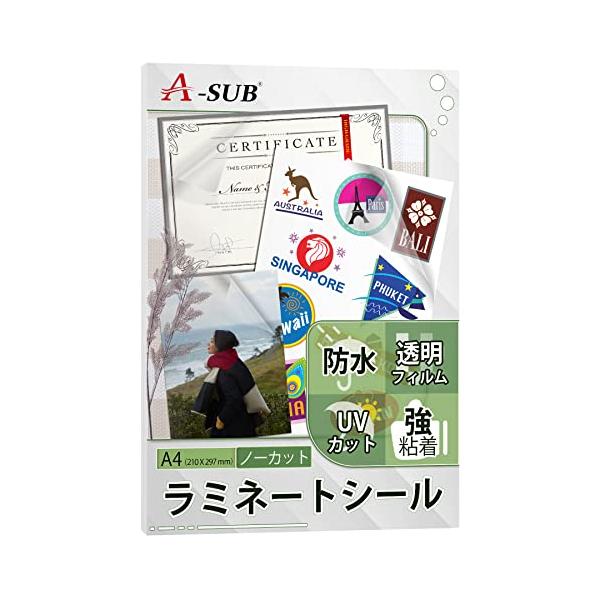 ・クリア  ・印刷できない透明ラミネートシール、シール厚さ：0.1mm、総厚：0.25mm、A4-10枚、ノーカット・特性：透明仕上がりです、貼り付けやすい。強粘着力なので、しっかり貼れて、落ちる心配はありません。ノーカットタイプ、好きな形...