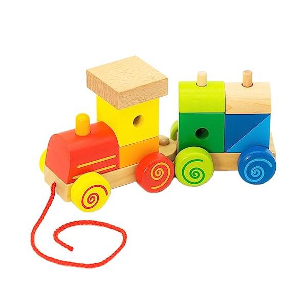 サイズ:6.5×18×H8.5cm 紐の長さ:27.5cm 重さ:約225g 素材:天然木・木製おもちゃ。引いて遊ぶタイプのクラシックな木製玩具です。子どもたちの創造力を刺激し、論理的な思考と運動能力を育みます。・色々な形のブロックを汽車に...