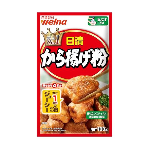 FlavorName:から揚げ粉100gPatternName:セット・100g当たり エネルギー335kcal、たんぱく質9.5g、脂質2.0g、炭水化物69.7g、食塩相当量10.4g