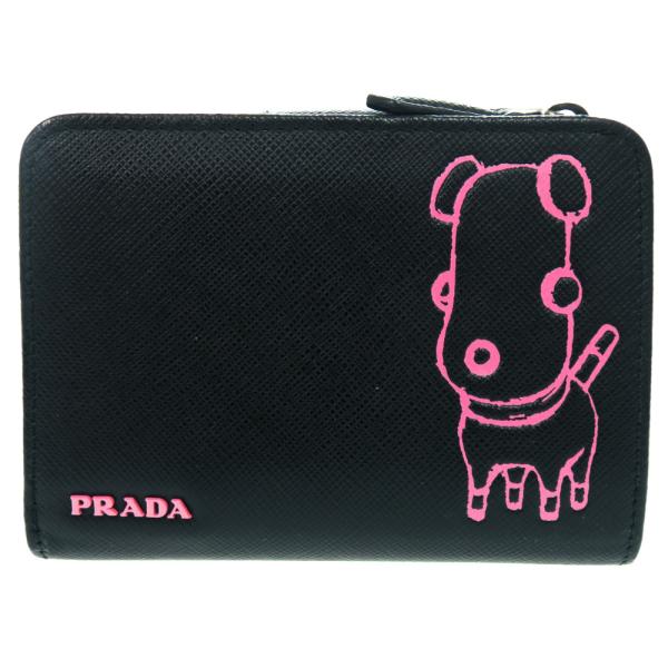 ■商品情報[管理番号]8D1510E5W12[ブランド]プラダ（PRADA）[タイプ]ラウンドファスナー[型番]1ML018 107F[対象]レディース[カラー]ブラック/ピンク[金具]シルバー[モデル]プラダマリア ドッグイラスト[生産国...