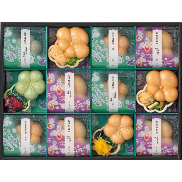 香ばしい最中種に滋味調整した具材を合わせたお茶漬と京野菜お吸物の詰合せ。お茶・お湯を入れるだけで簡単に上品な京風お茶漬・お吸物になります。●商品内容／お茶漬（賀茂なすしば漬・聖護院大根漬×各２、梅・紅鮭×各１）、お吸物（九条ねぎ（湯葉・鯛）...