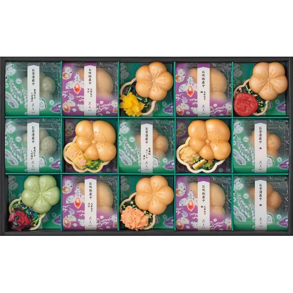 香ばしい最中種に滋味調整した具材を合わせたお茶漬と京野菜お吸物の詰合せ。お茶・お湯を入れるだけで簡単に上品な京風お茶漬・お吸物になります。●商品内容／お茶漬（賀茂なすしば漬×３、聖護院大根漬・梅×各２、紅鮭・鯛×各１）、お吸物（九条ねぎ（湯...