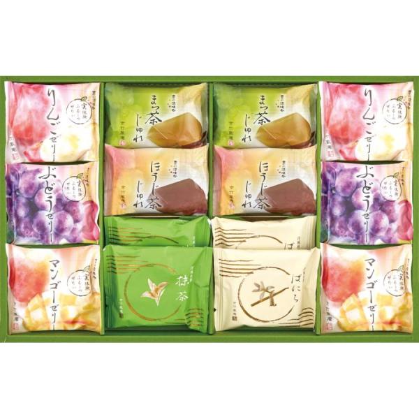 ●お中元におすすめの和菓子ギフトセット。●商品内容：ゼリー（りんご・マンゴー・ぶどう）各45g×各2、じゅれ（まっ茶・ほうじ茶）各70g×各2、洋風煎餅（ばにら・抹茶）各2枚入×各2　【化粧箱入】お中元 ご挨拶 夏の贈りもの ご挨拶ギフト ...