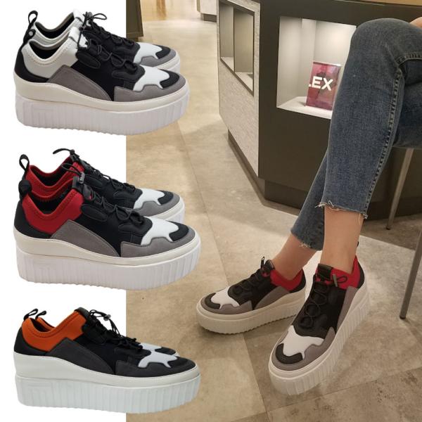 5cmのフラットアウトソール厚底スニーカー厚底でも軽く歩きやすい。パッチワークデザインが足元のアクセントに。足幅はややタイト。足首をしっかりとホールドするので脱げにくくフィットする。差し色カラーが可愛いデザイン！『使用素材』OUTSOLE/...