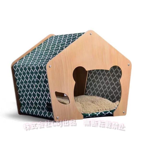 組み立て式 ペットベッド ベッドハウス クッション付き ドッグ キャット ティピーテント 室内用 小型犬 猫 犬小屋 ドットハウス 北欧 シンプル かわいい 木 内部サイズ：60ｘ47ｘ50cm外部サイズ：50ｘ45ｘ49cmドアサイズ：3...