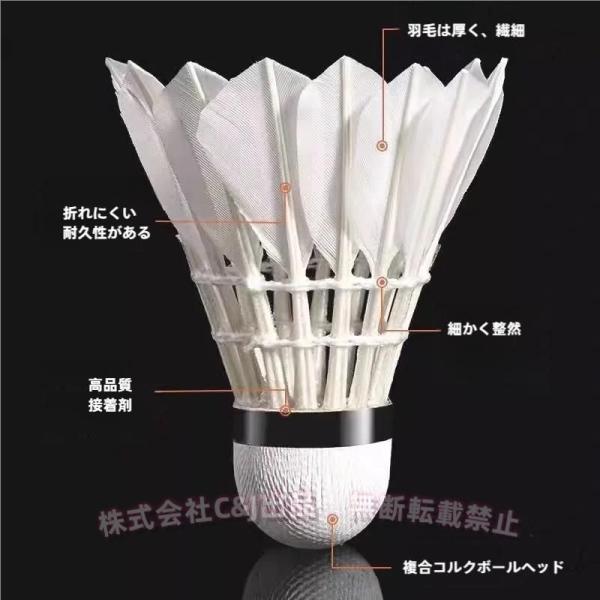 ガチョウ羽根はアヒル羽根より耐久性に優れており、1ダース（12個入り）でコストパフォーマンスがよいです -こんな方にオススメ良いシャトルなのでとにかくたくさん練習したい方に！シャトルを打つ感覚を身付ける初のシャトルとして！基礎打ちやノック練...