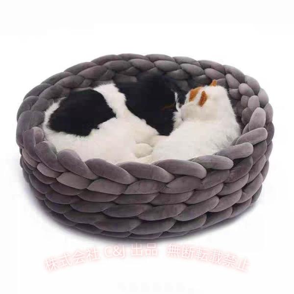 手編みニットペットベッド ペットハウス クッション 犬 猫 小型犬 洗える 可愛い 丸型 チャンキーニット 手編み ぐっすり眠る 滑り止め 通年 洗える キャット 小
