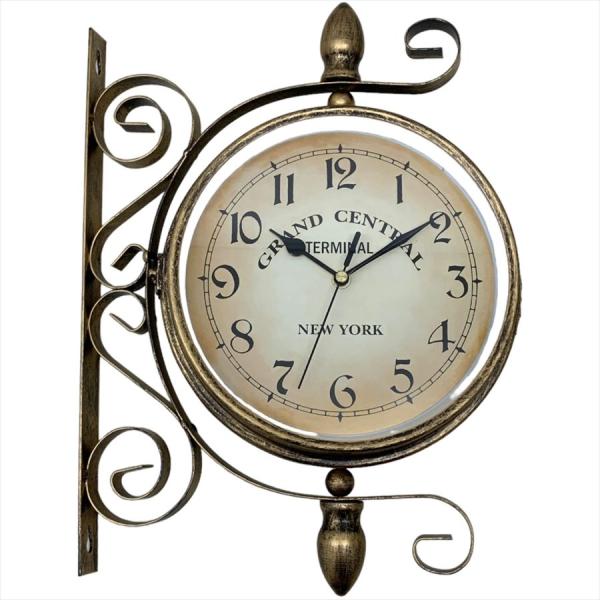 レトロな雰囲気が漂うステーションクロック（両面時計）です。左右に角度を変えることができます。オブジェとしての存在感があります。秒針は無音で、音が気になる方にもおススメです。[サイズ] 約28×8.5×高さ35cm[素材] アイアン・ガラス[...
