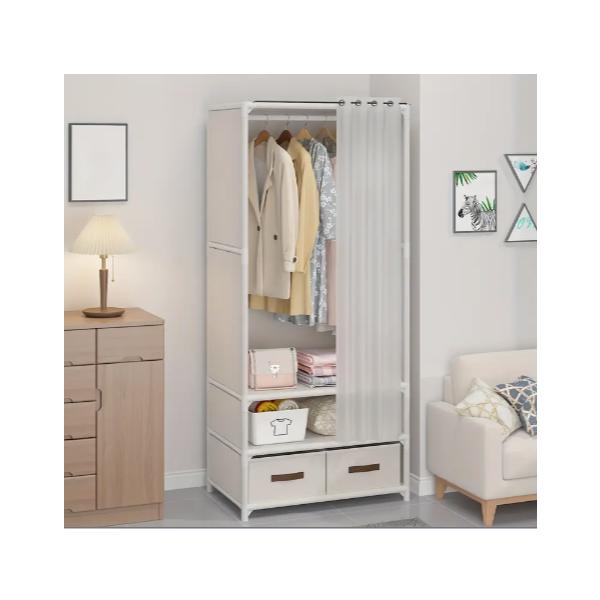 ハンガーラック ワードローブ カバー付き！衣類や小物をホコリや湿気から守るフルカバー仕様。バッグや帽子、収納カゴなど置く。オフィス用多層シンプル収納、家庭用 寝室用、引き出し収納 キャビネット付き多機能！【カラー】ホワイト、ブラック【サイズ...