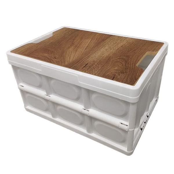 【商品名】　収納ボックス 折りたたみ 蓋付 大容量 収納ケース 木蓋 アウトドア用 コンテナボックス 積み重ね 家庭用 車載収納 組立簡単 (ホワイト) 【商品説明】　・【折り畳み】組立簡単で便利な折り畳み式収納ボックスです。・【木蓋付き】...